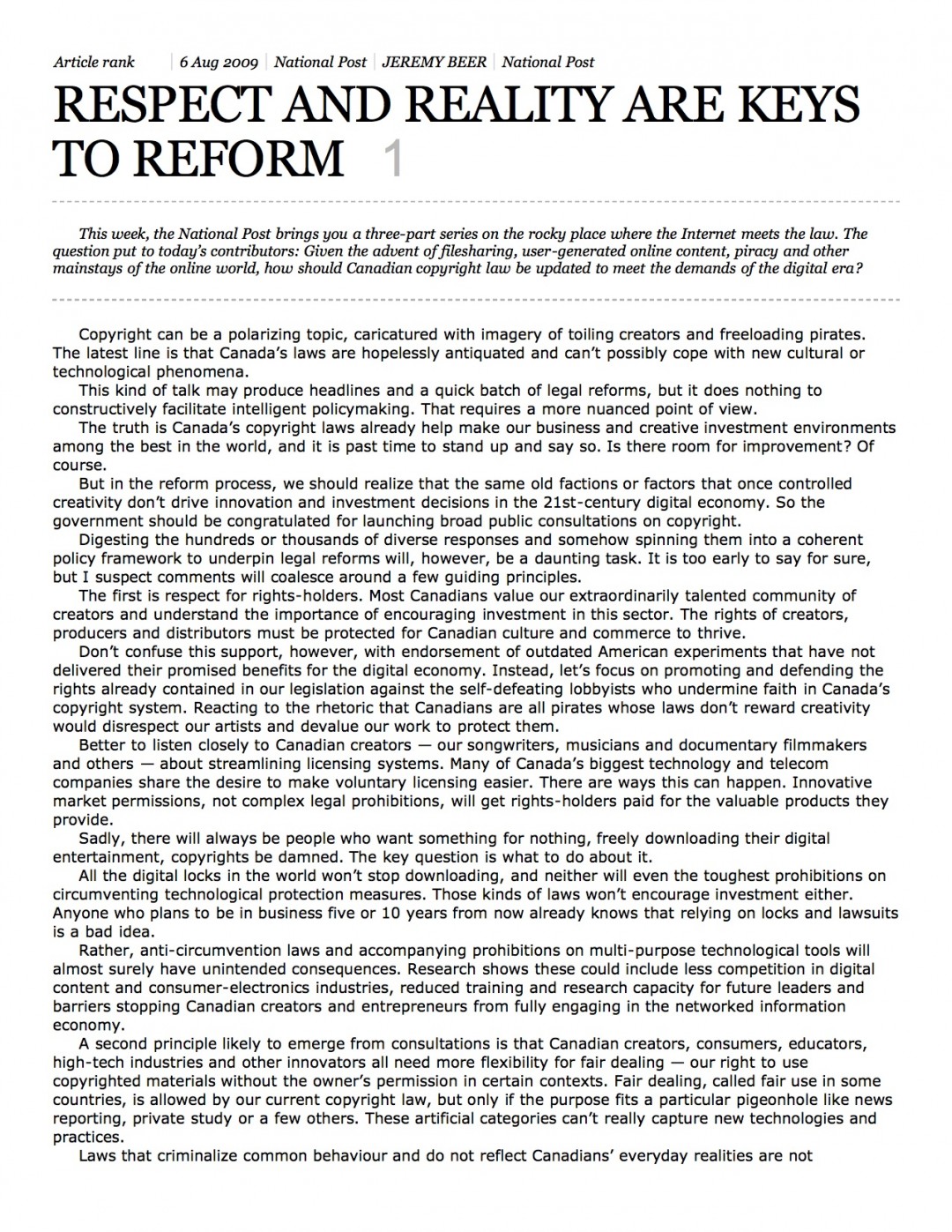 Respect and Reality are Keys to Copyright Reform - Jeremy de Beer