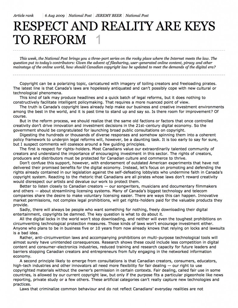 Respect and Reality are Keys to Copyright Reform - Jeremy de Beer